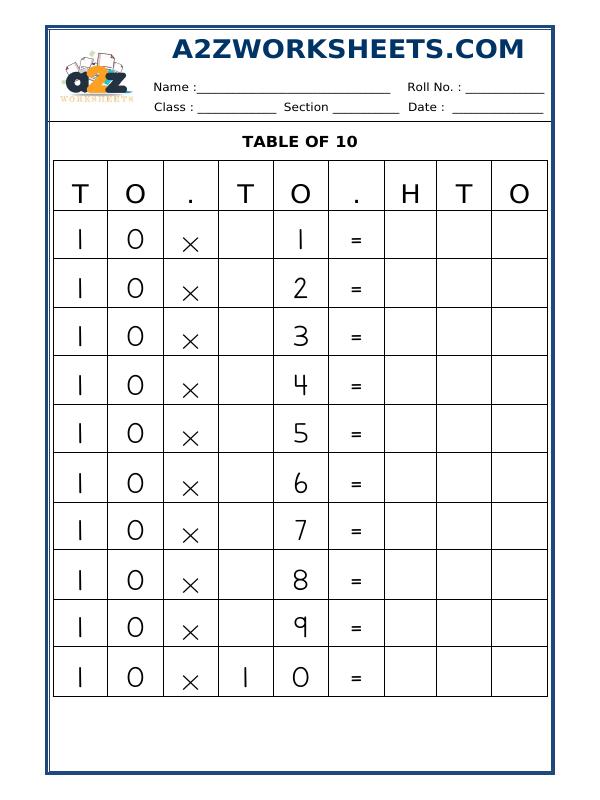 A2Zworksheets:Worksheet of Table Of Ten-Multiplication-Maths