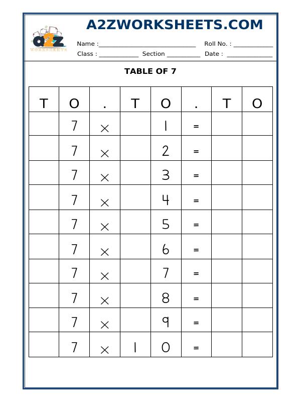 A2Zworksheets:Worksheet of Table Of Seven-Multiplication-Maths
