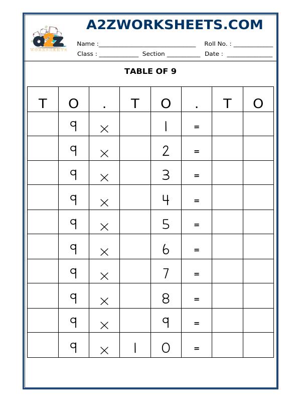 A2Zworksheets:Worksheet of Table Of Nine-Multiplication-Maths
