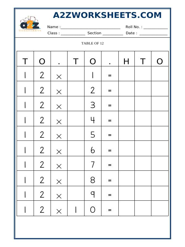 A2Zworksheets:Worksheet of Table Of Twelve-Multiplication-Maths