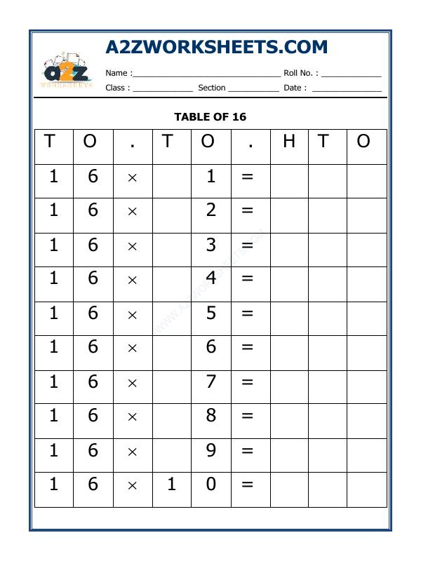 A2Zworksheets:Worksheet of Table Of Sixteen-Multiplication-Maths