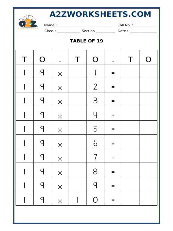 A2Zworksheets:Worksheet of Table Of Nineteen-Multiplication-Maths