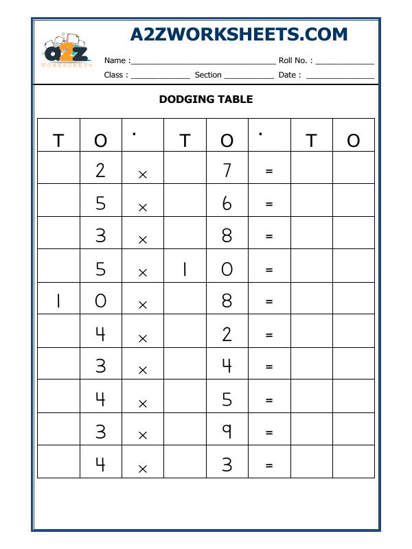 A2Zworksheets:Worksheet of Dodging Table - 02-Multiplication-Maths