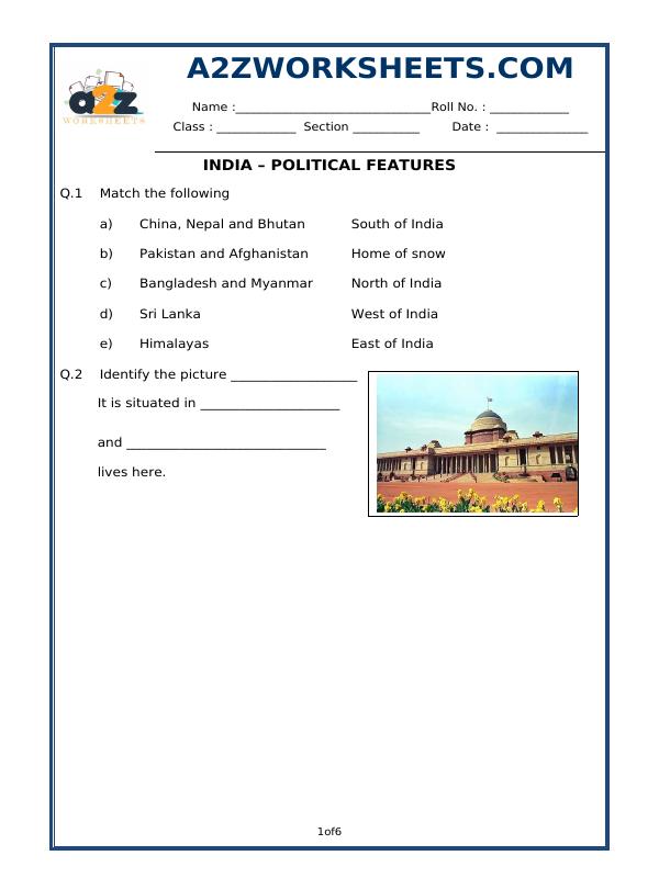 A2Zworksheets:Worksheet of India - Political Features-India and Its ...