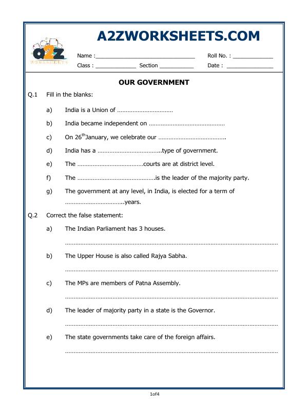 A2Zworksheets:Worksheet of Our Government-India and Its Neighbouring ...