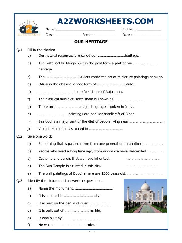 A2Zworksheets:Worksheet of Our Heritage-Our History and Heritage ...
