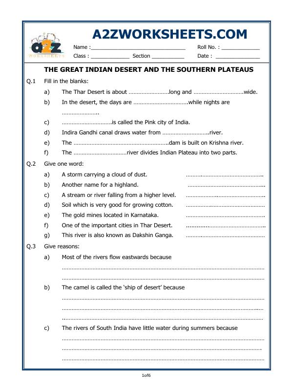 A2Zworksheets:Worksheet of The Great Indian Desert And The Southern ...