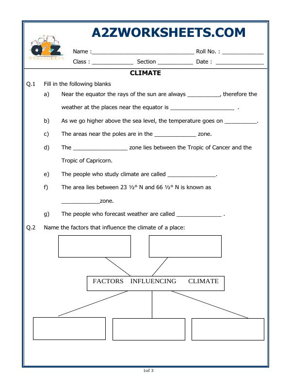 A2Zworksheets:Worksheet of Climate-Weather and Seasons-General Awareness
