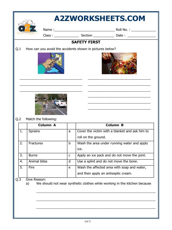 A2Zworksheets:Worksheet of Safety First-Safety-General Awareness