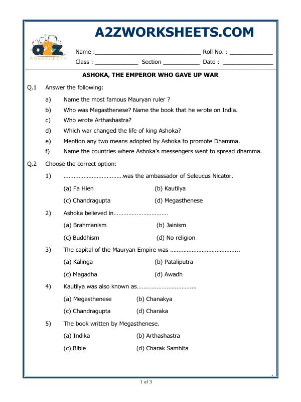 A2Zworksheets:Worksheet of Ashoka, The Emperor Who Gave Up War-Our ...