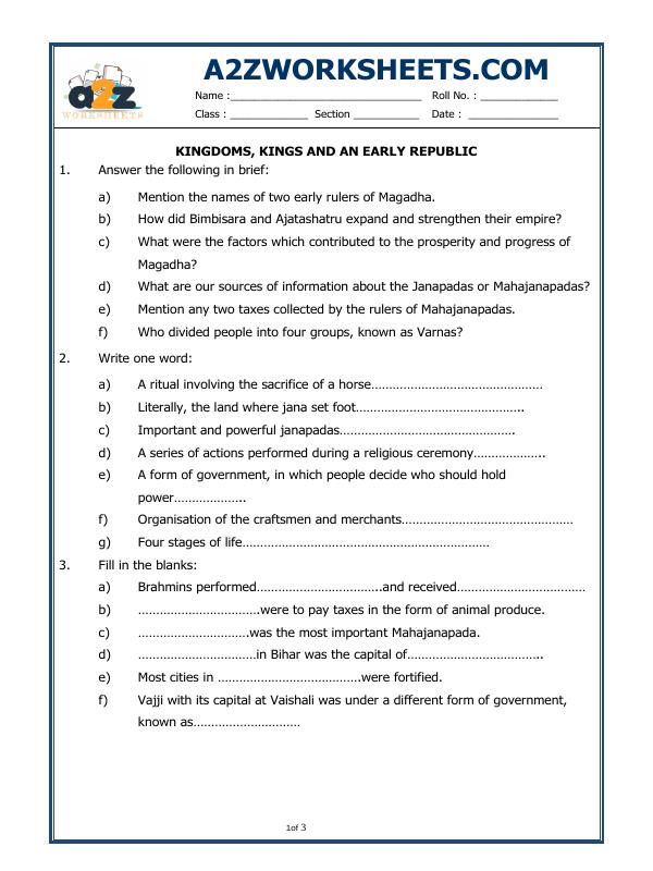 A2Zworksheets:Worksheet of Kingdoms, Kings And An Early Republic-Our ...