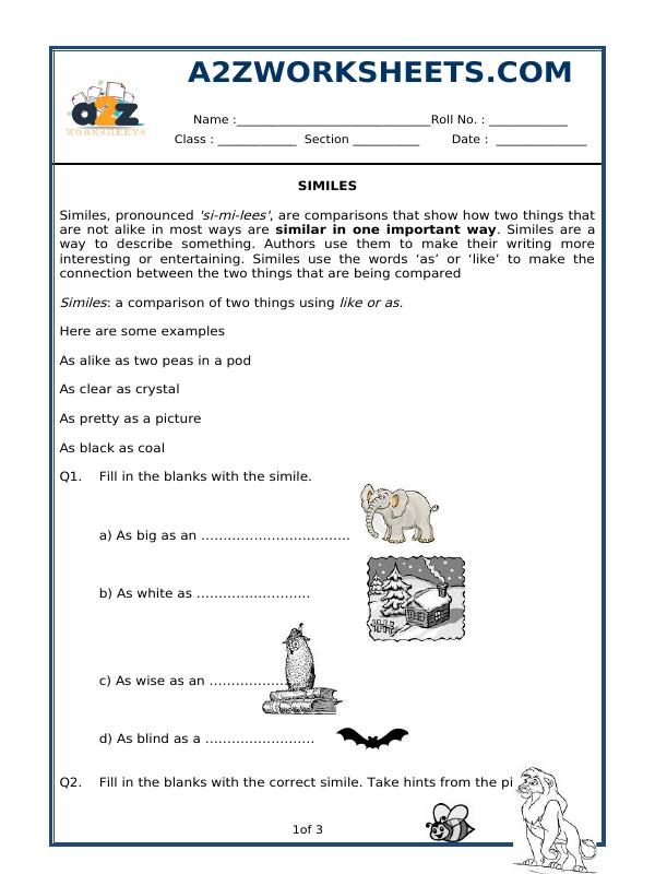 A2Zworksheets:Worksheet of Similes-Grammar-English