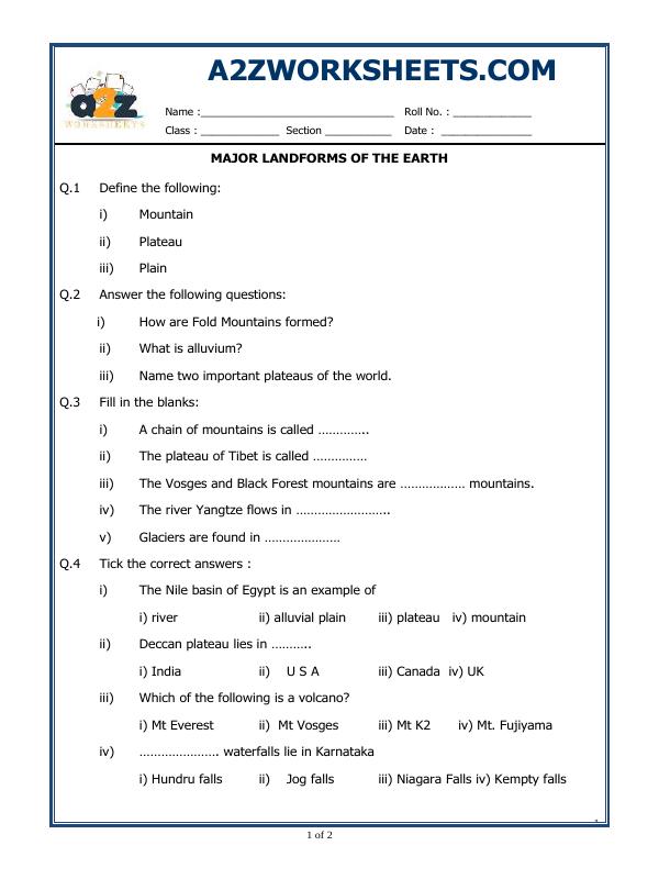 A2Zworksheets:Worksheet of Major Landforms Of The Earth-Geographical ...