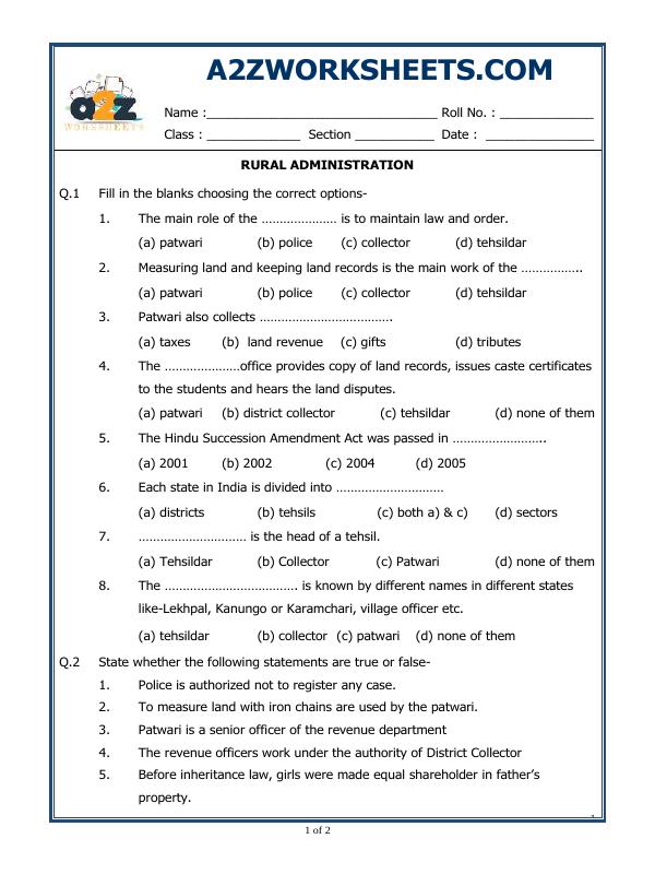 A2Zworksheets:Worksheet of Rural Administration-India and Its ...