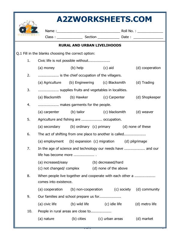 A2Zworksheets:Worksheet of Rural And Urban Livelihood-India and Its ...