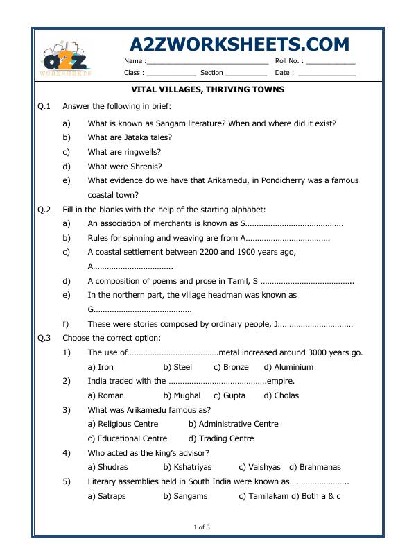 A2Zworksheets:Worksheet of Vital Village, Thriving Towns-Our History ...