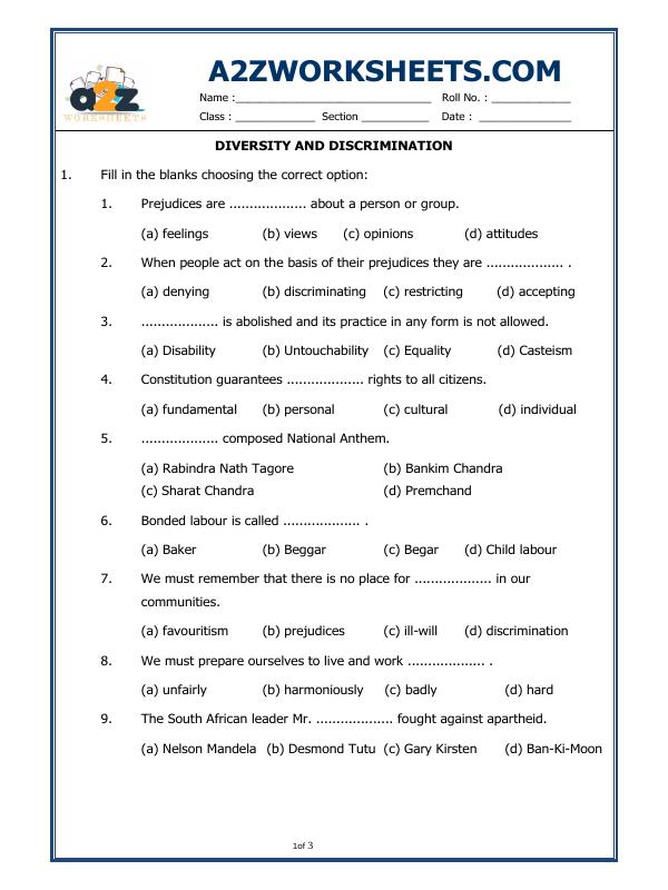 A2Zworksheets:Worksheet of Diversity And Discrimination-Our History and ...