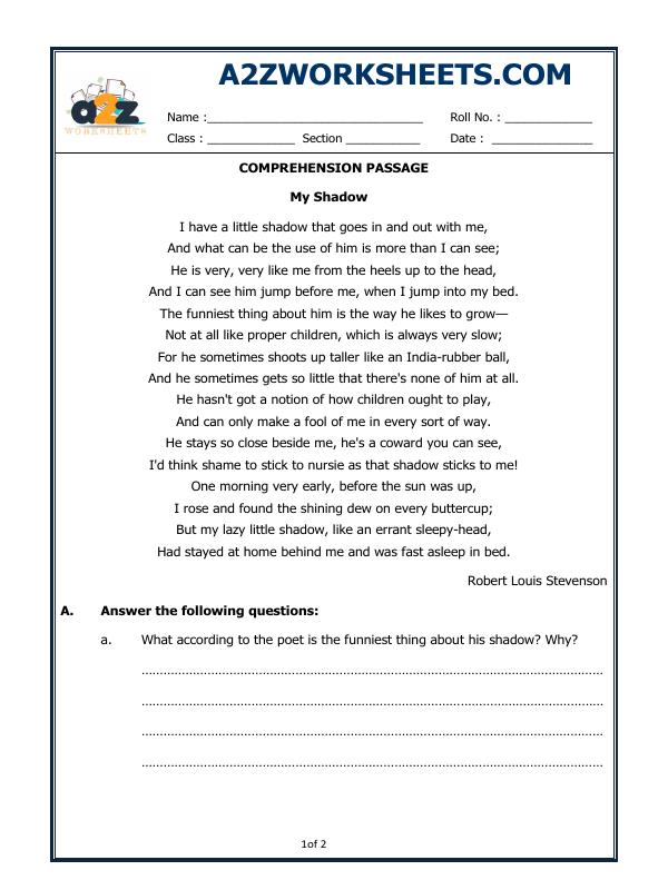 A2Zworksheets:Worksheet of Comprehension Passage-08-Reading-English