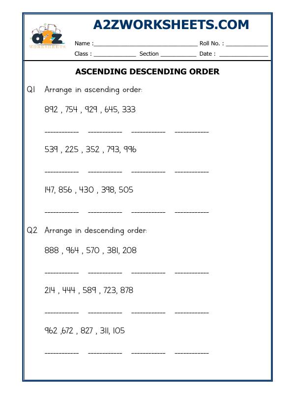 A2Zworksheets:Worksheet of Ascending Descending Class - 2-Numbers-Maths