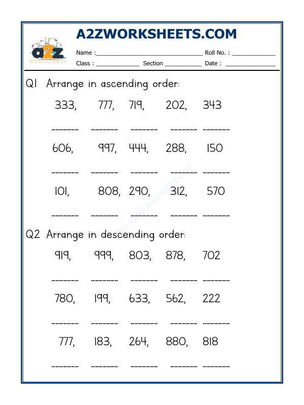 A2Zworksheets:Worksheet of Ascending And Descending Order-02-Numbers-Maths