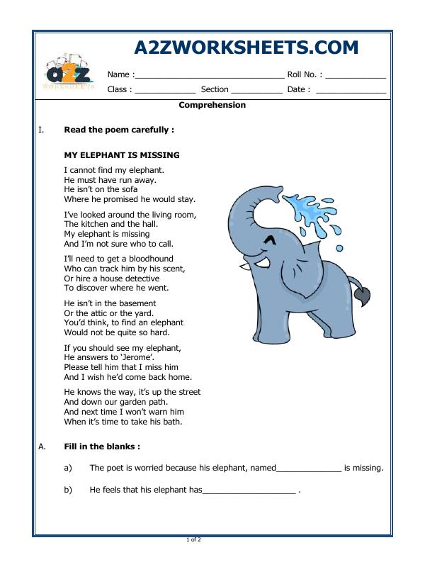 A2Zworksheets:Worksheet of Comprehension Passage-05-Reading-English