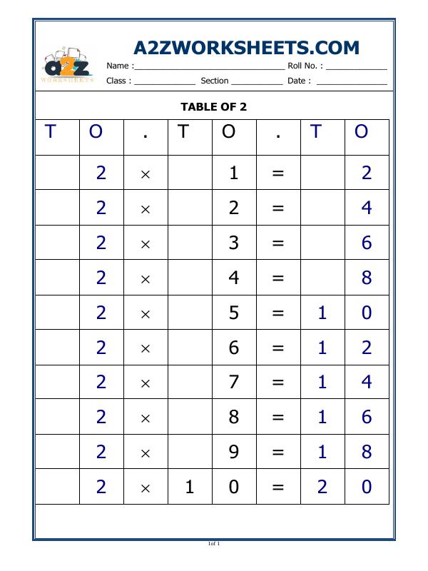 A2Zworksheets:Worksheet of 2 Times Table-Multiplication-Maths
