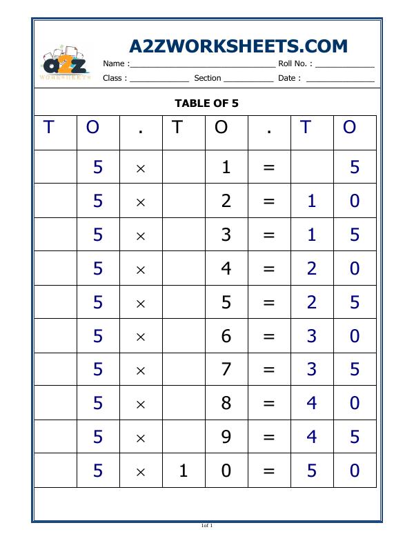A2Zworksheets:Worksheet of 5 Times Table-Multiplication-Maths