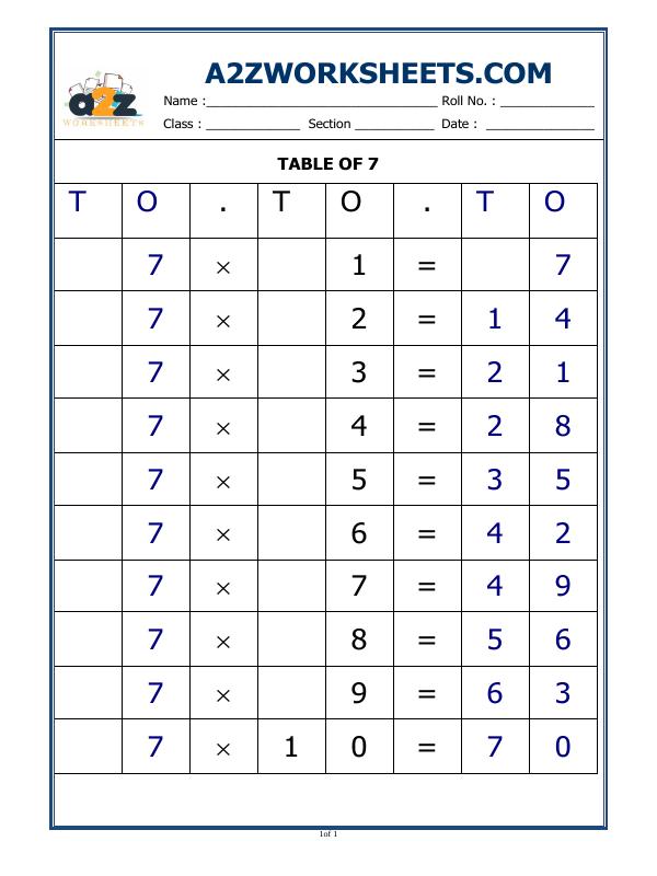 A2Zworksheets:Worksheet of 7 Times Table-Multiplication-Maths