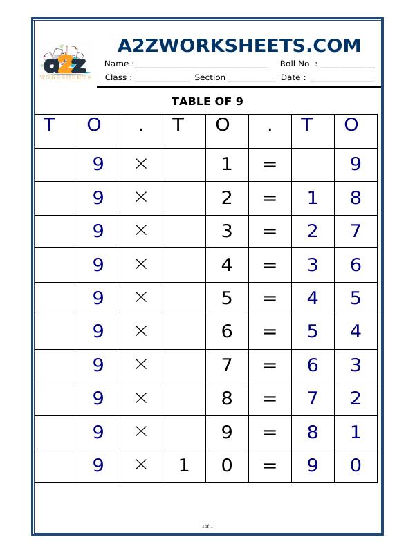 A2Zworksheets:Worksheet of 9 Times Table-Multiplication-Maths