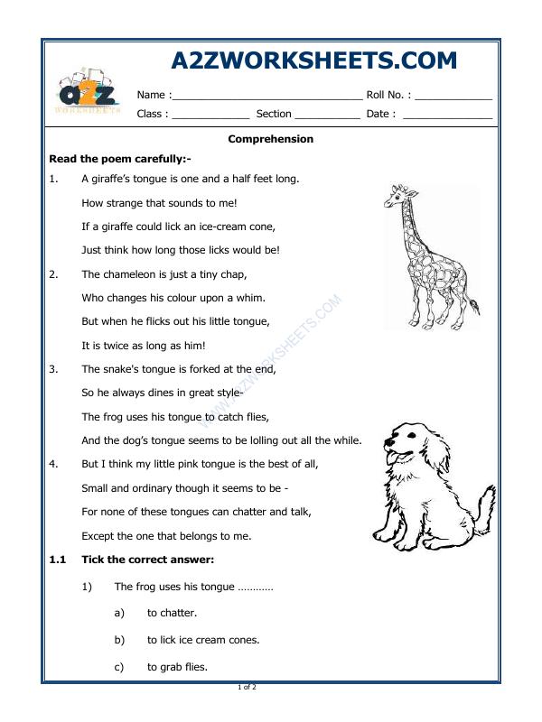 A2Zworksheets:Worksheet of Comprehension Passage-07-Reading-English