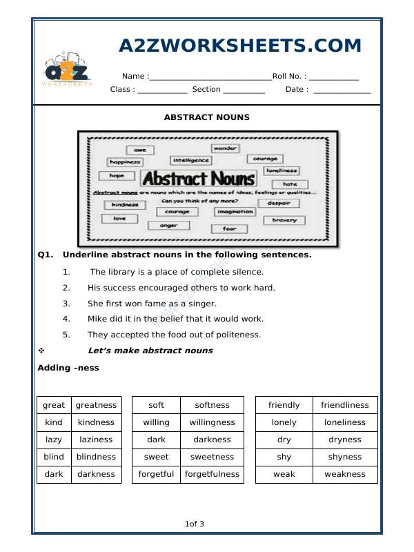 A2Zworksheets:Worksheet of Abstract Nouns-Grammar-English