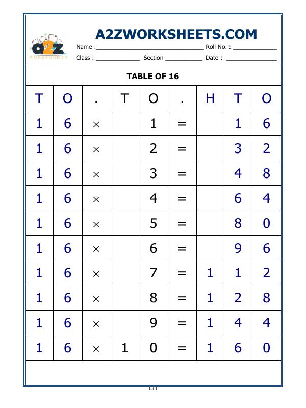 A2Zworksheets:Worksheet of 16 Times Table-Multiplication-Maths