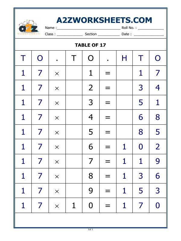 A2Zworksheets:Worksheet of 17 Times Table-Multiplication-Maths