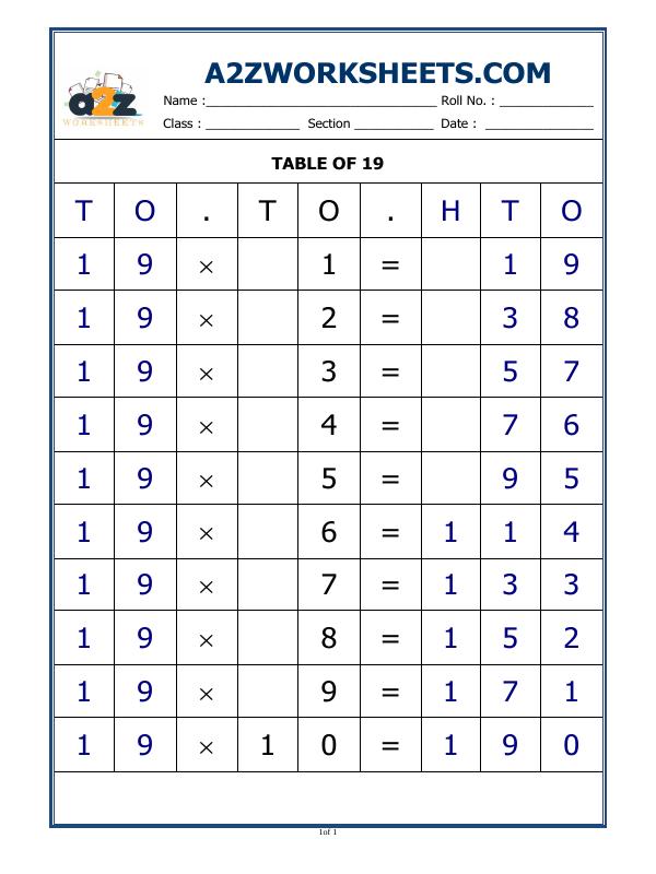 A2Zworksheets:Worksheet of 19 Times Table-Multiplication-Maths