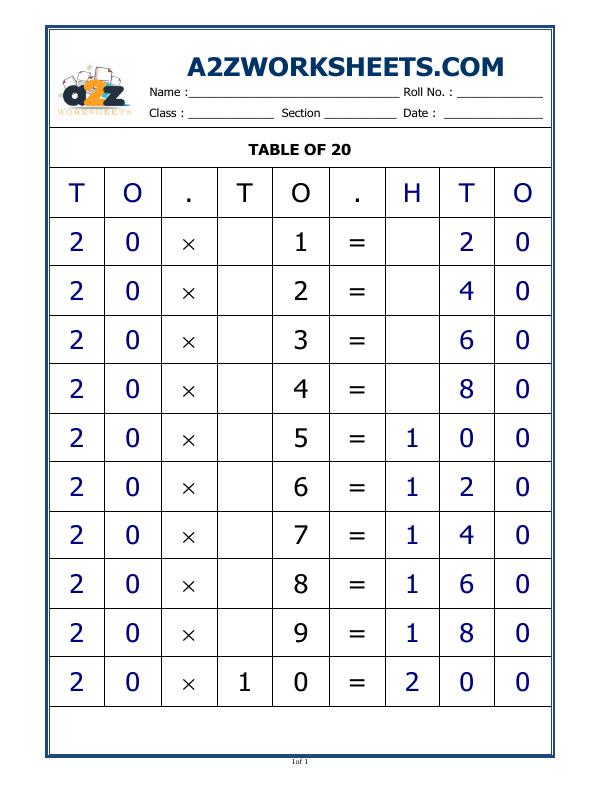 A2Zworksheets:Worksheet of 20 Times Table-Multiplication-Maths