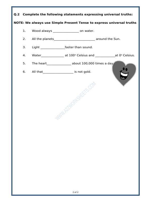 A2Zworksheets:Worksheet of Verbs – Simple Present Tense-Grammar-English