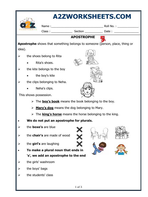 A2Zworksheets:Worksheet of Apostrophe-Grammar-English