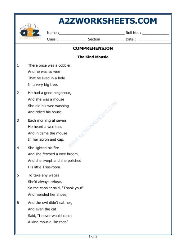 A2Zworksheets:Worksheet of Comprehension Passage-01-Reading-English