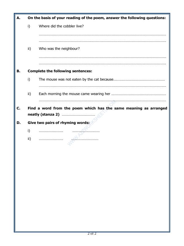 A2Zworksheets:Worksheet of Comprehension Passage-01-Reading-English