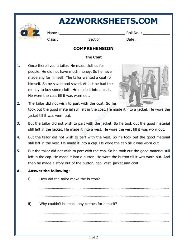 A2Zworksheets:Worksheet of Comprehension Passage-03-Reading-English