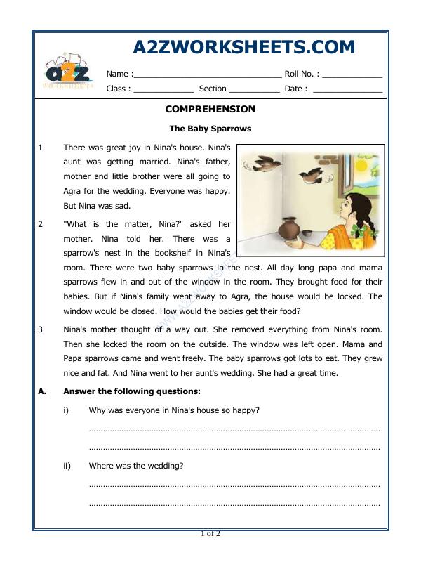 A2Zworksheets:Worksheet of Comprehension Passage-04-Reading-English