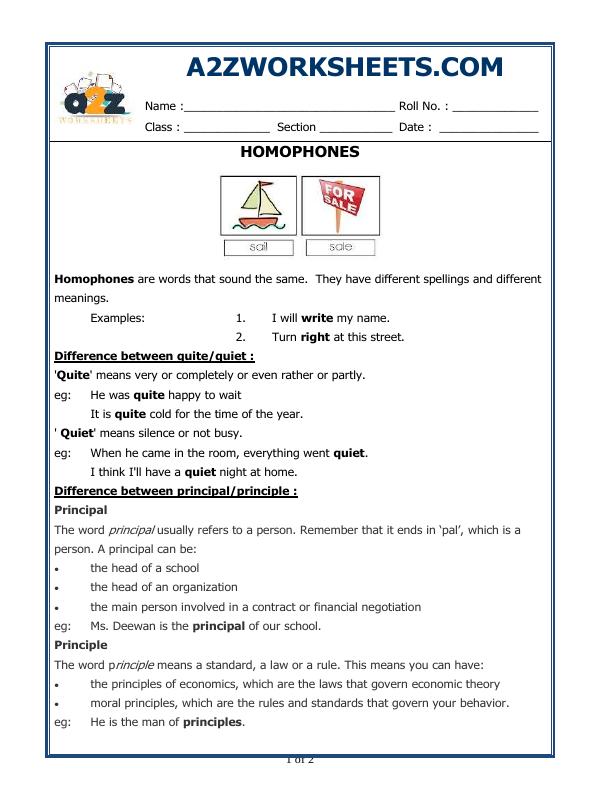 A2Zworksheets:Worksheet of Homophones-Grammar-English