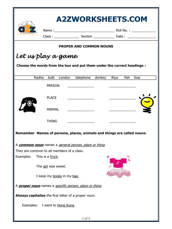 A2Zworksheets:Worksheet of Proper And Common Nouns-Grammar-English