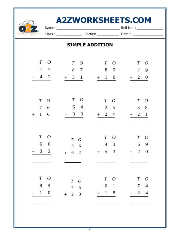 A2Zworksheets:Worksheet of Simple Addition-04-Addition-Maths