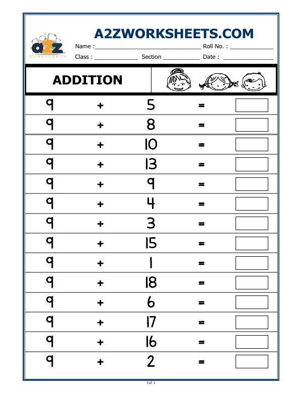 A2Zworksheets:Worksheet of Class-I-Addition-09-Addition-Maths