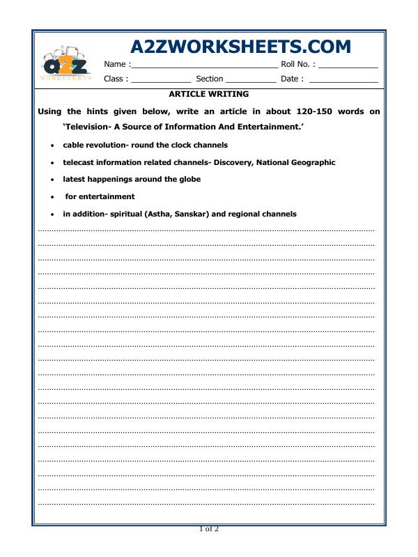 A2Zworksheets:Worksheet of Article Writing-Grammar-English