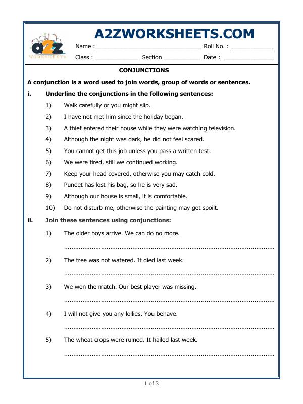 A2Zworksheets:Worksheet of Conjunctions-Grammar-English