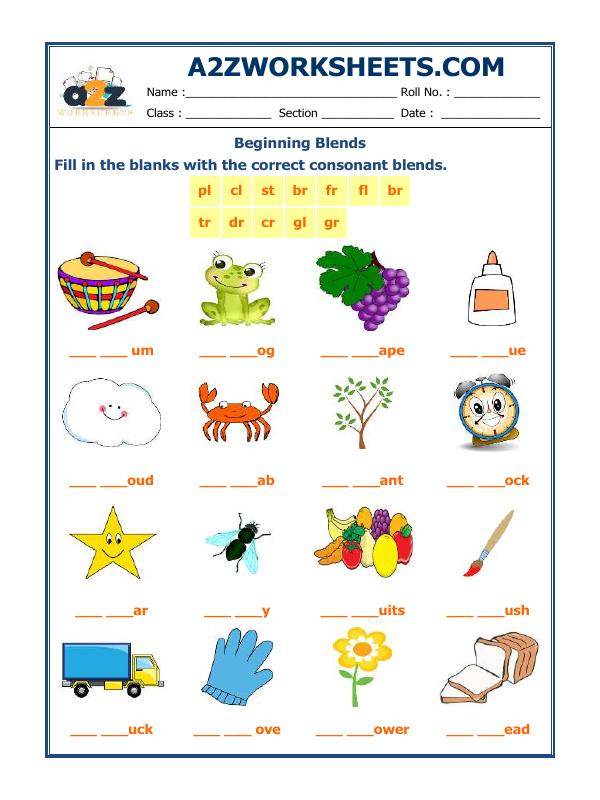 A2Zworksheets:Worksheet of Beginning Blends-01-Writing-English