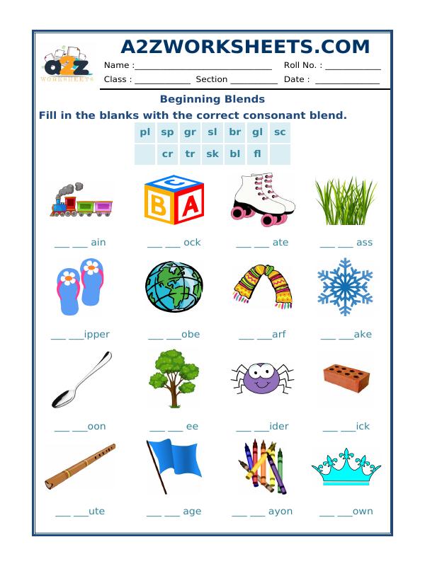 A2Zworksheets:Worksheet of Beginning Blends-02-Writing-English