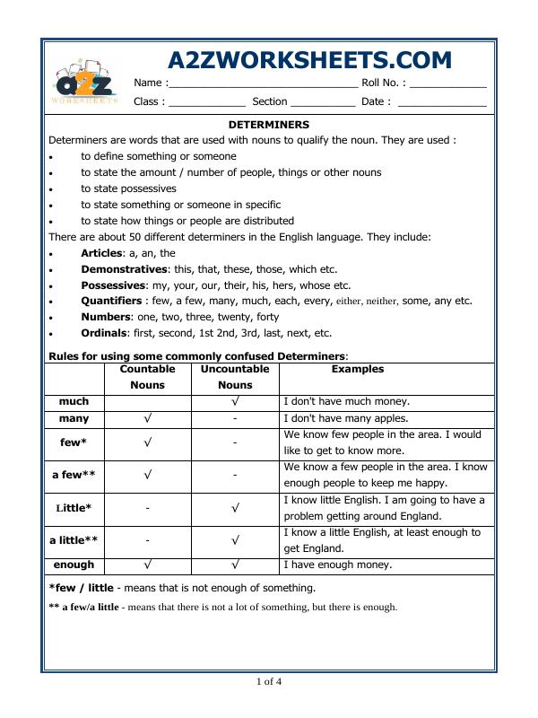 A2Zworksheets:Worksheet of Determiners-Grammar-English